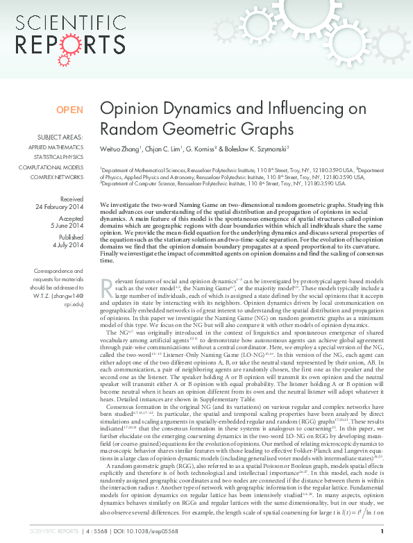 (PDF) Opinion dynamics and influencing on random geometric graphs