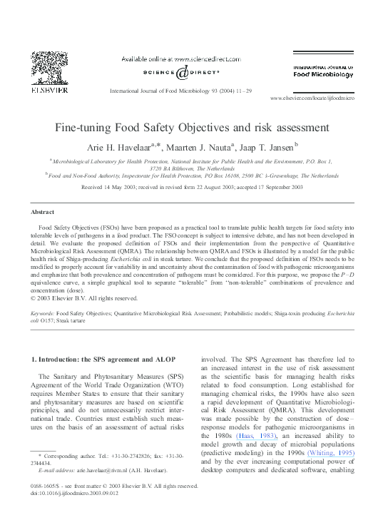 (PDF) Fine-tuning Food Safety Objectives and risk assessment