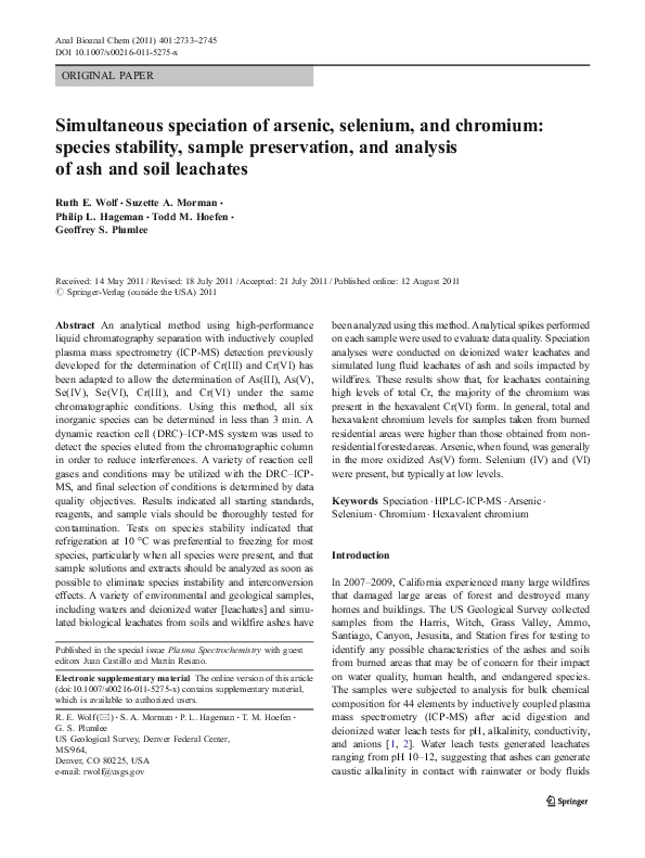 (PDF) Simultaneous speciation of arsenic, selenium, and chromium: species stability, sample ...