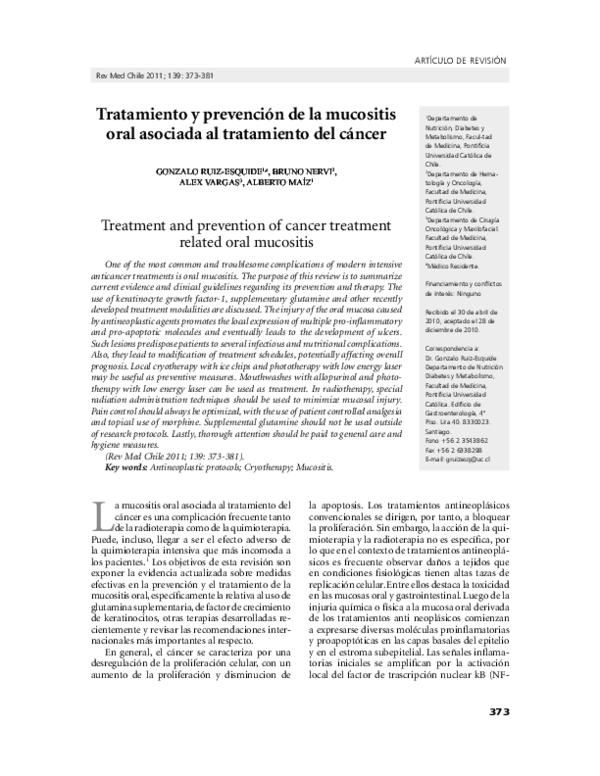 (PDF) Tratamiento y prevención de la mucositis oral asociada al tratamiento del cáncer