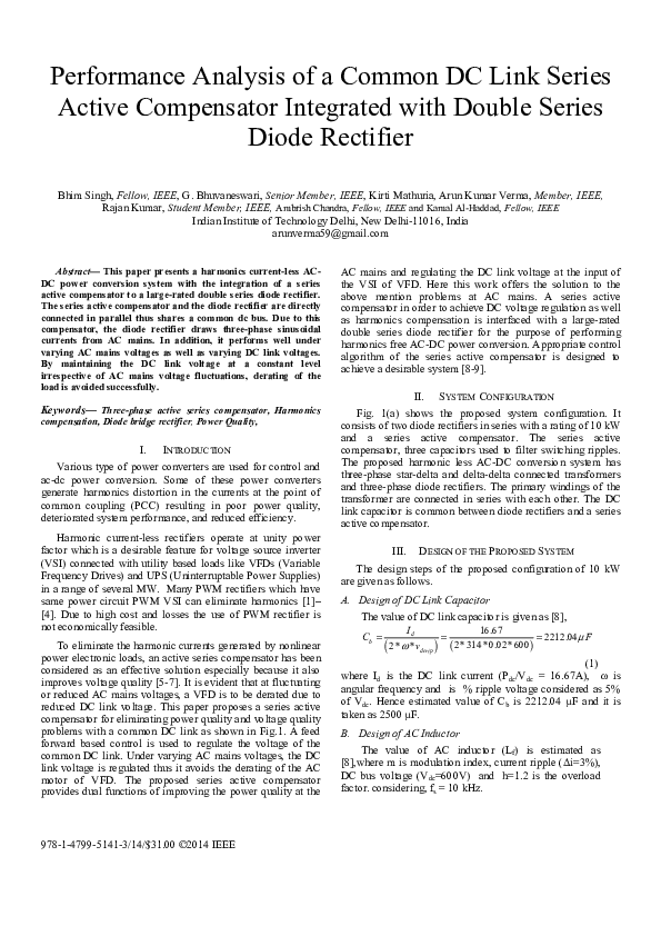 (PDF) Performance Analysis of a Common DC Link Series Active Compensator Integrated with Double ...
