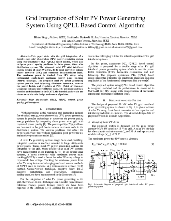 Pdf Grid Integration Of Solar Pv Power Generating System Using Qpll Based Control Algorithm