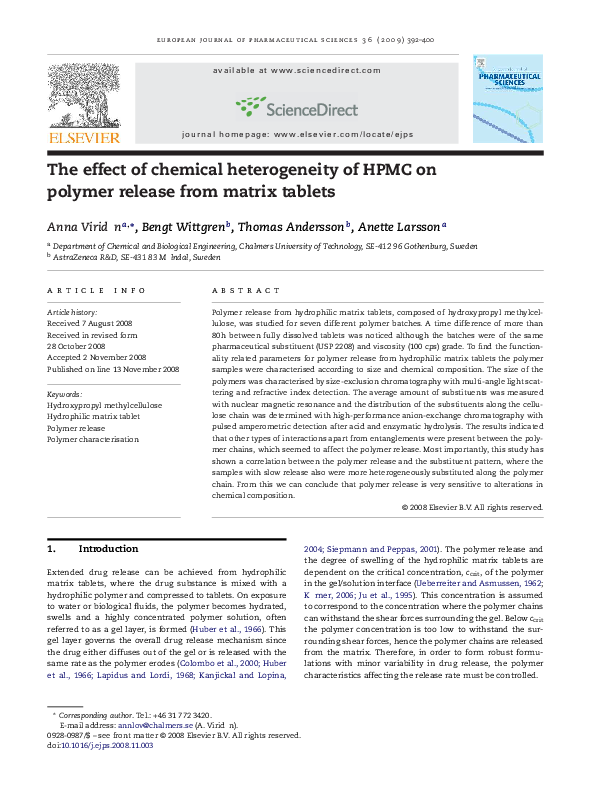 Pdf The Effect Of Chemical Heterogeneity Of Hpmc On Polymer Release From Matrix Tablets