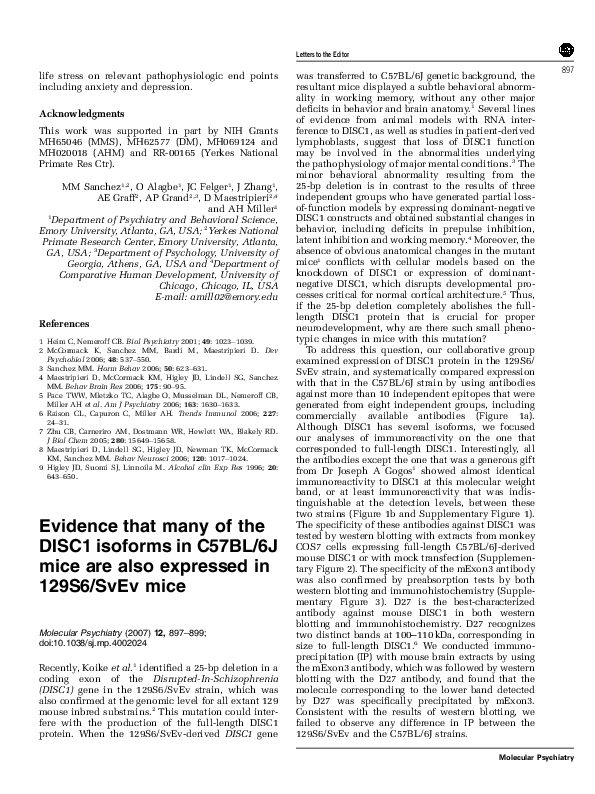 (PDF) Evidence that many of the DISC1 isoforms in C57BL/6J mice are ...