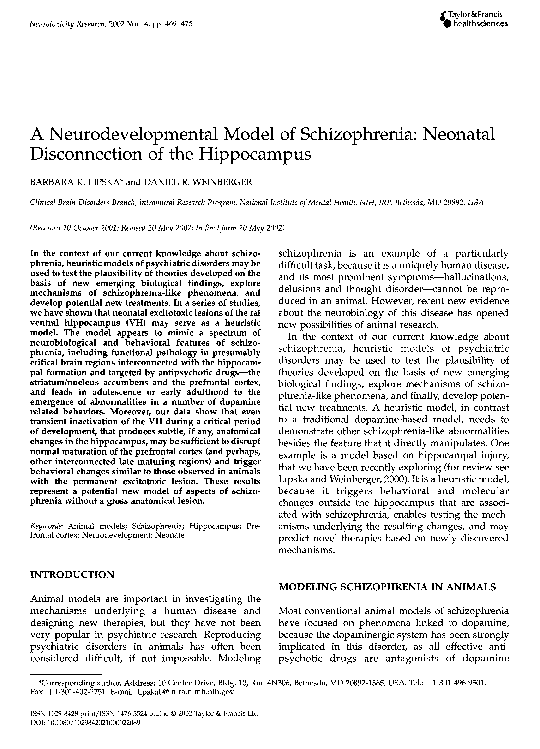 (PDF) A neurodevelopmental model of schizophrenia: Neonatal ...