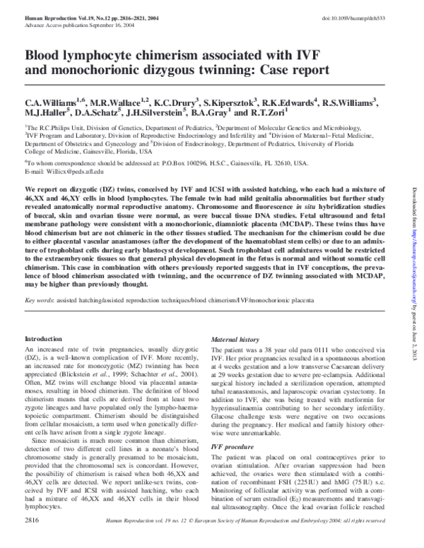 (PDF) Blood lymphocyte chimerism associated with IVF and monochorionic ...