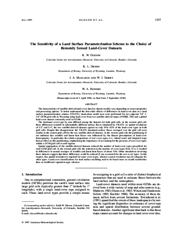 Pdf The Sensitivity Of A Land Surface Parameterization Scheme To The Choice Of Remotely Sensed