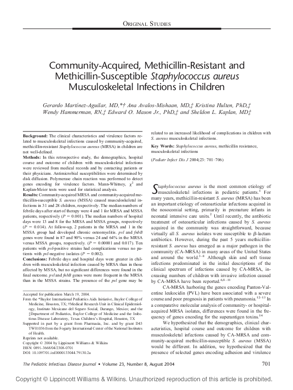 Pdf Community Acquired Methicillin Resistant And Methicillin Susceptible Staphylococcus