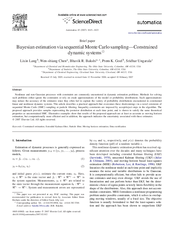 Pdf Bayesian Estimation Via Sequential Monte Carlo Sampling—constrained Dynamic Systems
