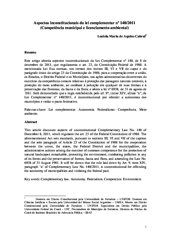 (PDF) ASPECTOS INCONSTITUCIONAIS DA LEI COMPLEMENTAR Nº 140/2011