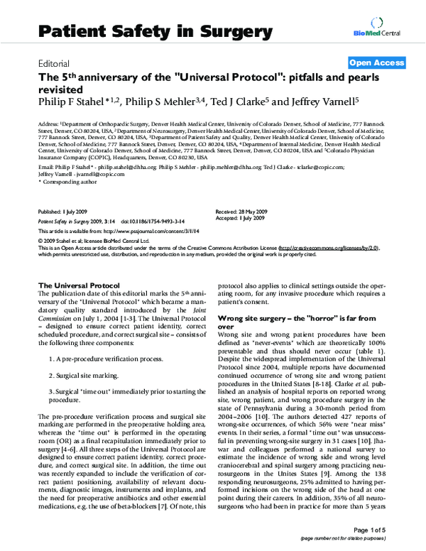 (PDF) The 5th anniversary of the "Universal Protocol": pitfalls and ...