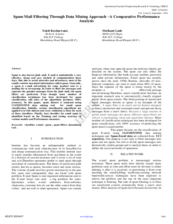 Pdf Spam Mail Filtering Through Data Mining Approach A Comparative