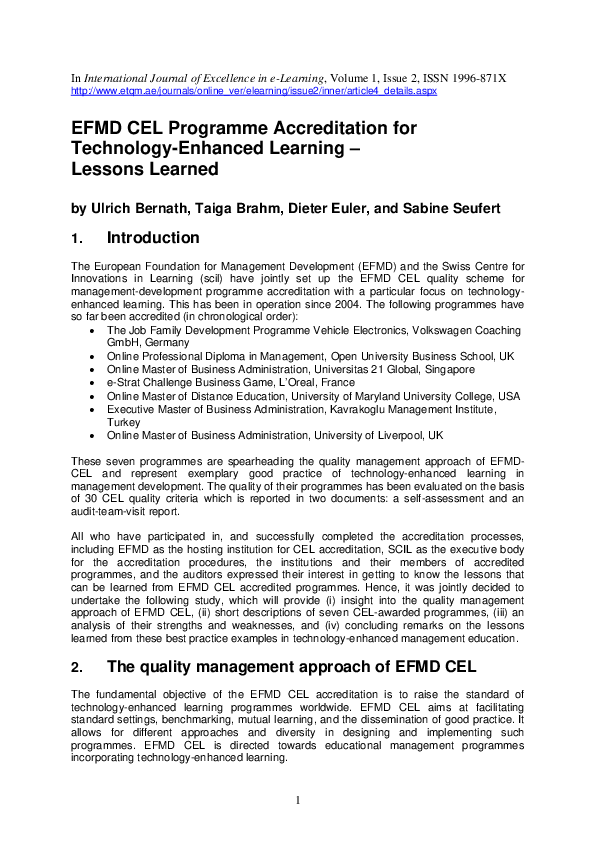 (PDF) EFMD CEL Programme Accreditation for Technology-Enhanced Learning - Lessons Learned