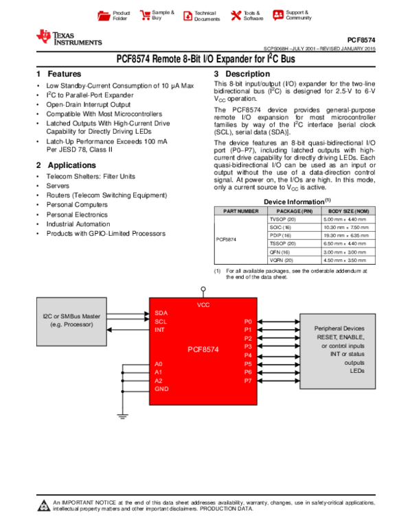 (PDF) PCF8574 Remote 8-Bit I/O Expander for I2C Bus (Rev. H