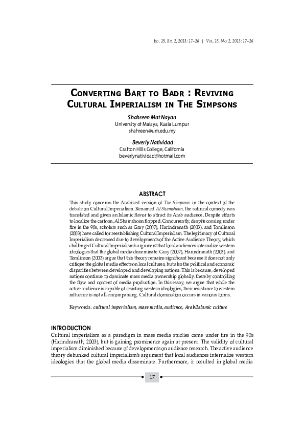 (PDF) Converting Bart to Badr : Reviving Cultural Imperialism in The ...