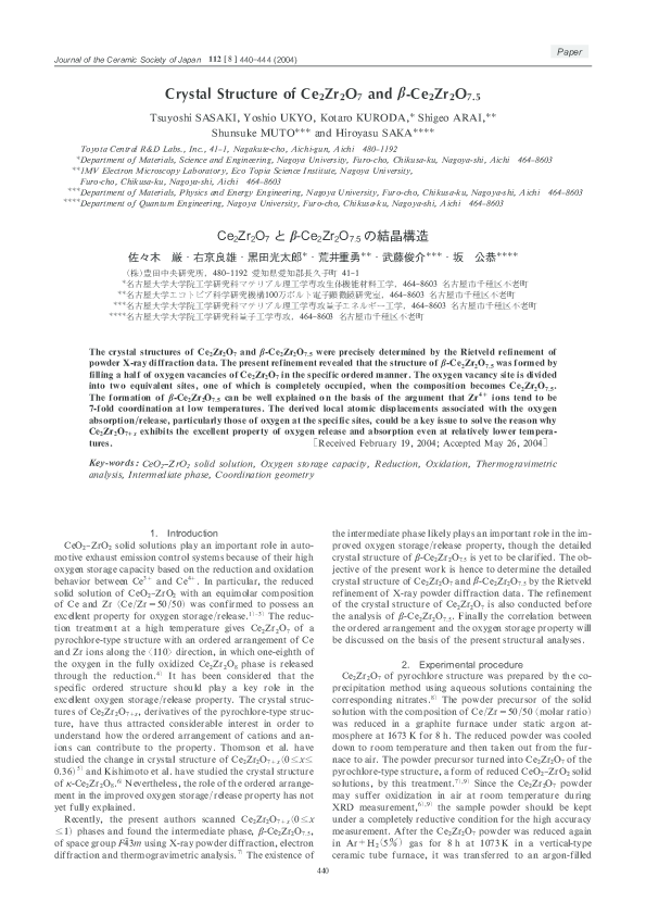 (PDF) Crystal Structure of Ce2Zr2O7 and .BETA.-Ce2Zr2O7.5