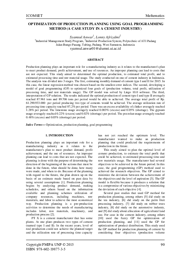 (PDF) Optimization of Production Planning using Goal Programming Method (A Case Study in a ...