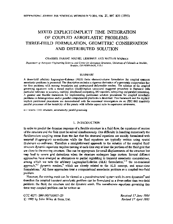 (PDF) Mixed explicit/implicit time integration of coupled aeroelastic problems: Three-field ...