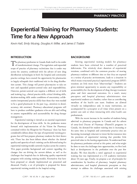 (PDF) Experiential Training for Pharmacy Students: Time for a New ...