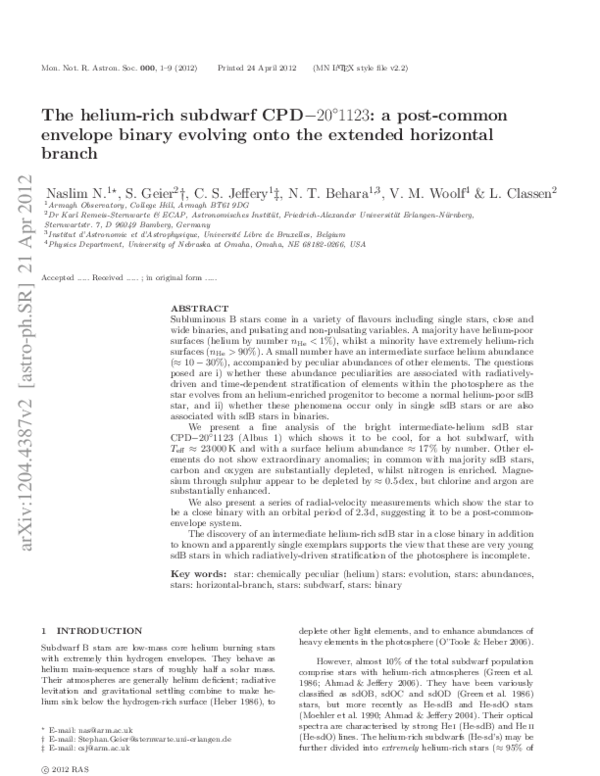 (PDF) The helium-rich subdwarf CPD−20°1123: a post-common-envelope ...