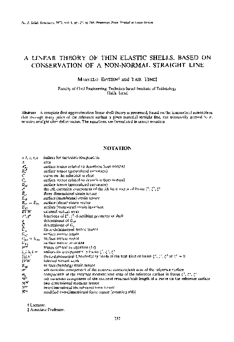 (PDF) A linear theory of thin elastic shells, based on conservation of ...