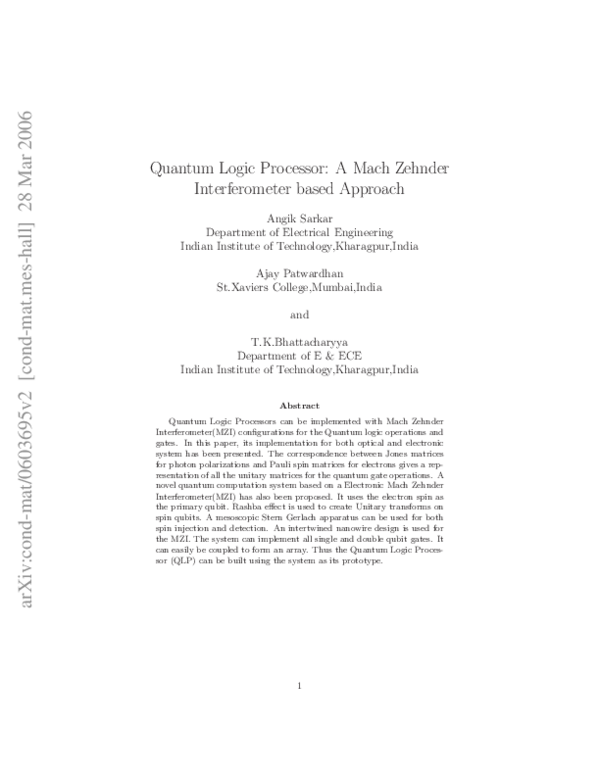 (PDF) Quantum logic processor: Implementation with electronic Mach-Zehnder interferometer