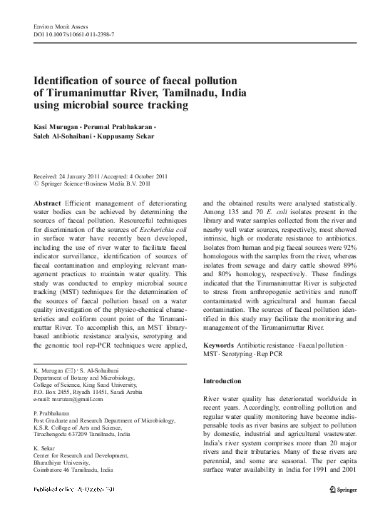 (PDF) Identification of source of faecal pollution of Tirumanimuttar River, Tamilnadu, India ...