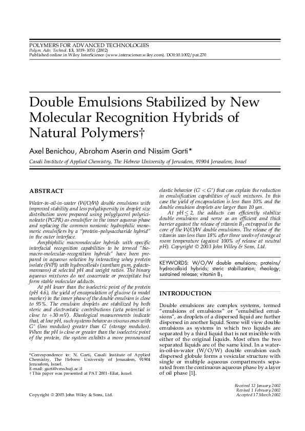 (PDF) Double emulsions stabilized by new molecular recognition hybrids ...