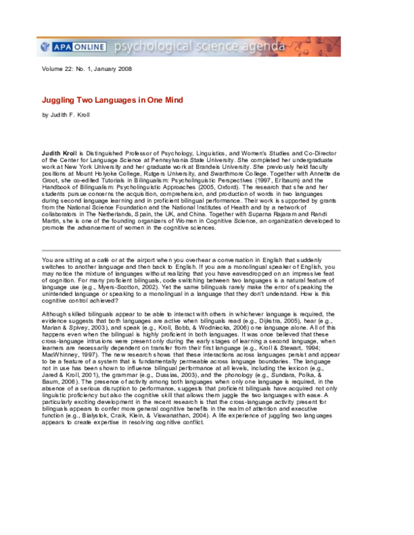 (PDF) Juggling Two Languages in One Mind