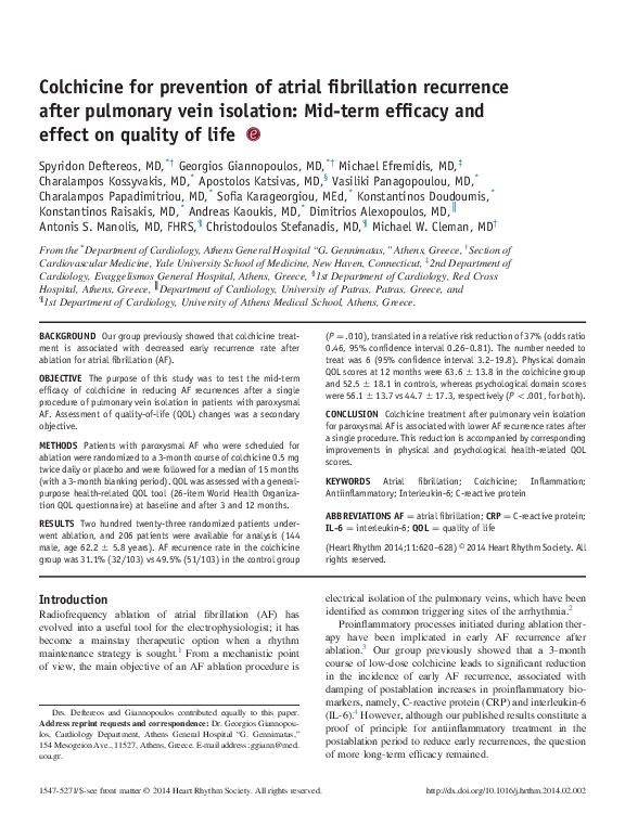 (PDF) Colchicine for prevention of atrial fibrillation recurrence after pulmonary vein isolation ...
