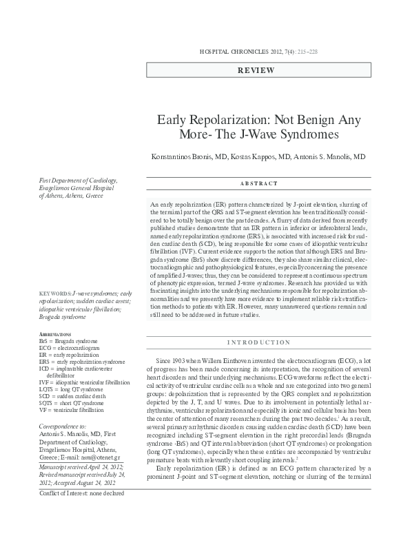 (PDF) Early Repolarization: Not Benign Any More-The J-Wave Syndromes