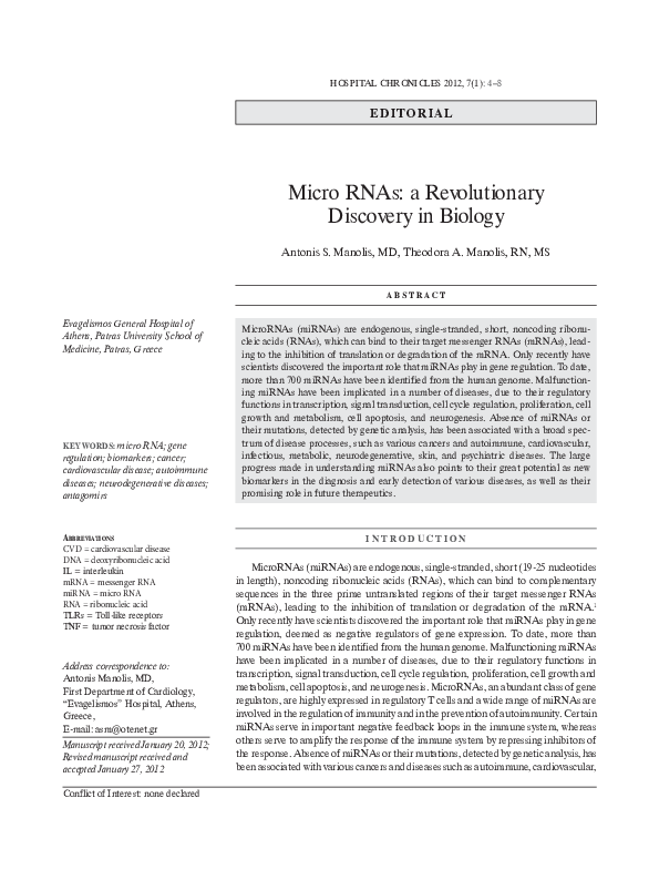 (PDF) Micro RNAs: a Revolutionary Discovery in Biology
