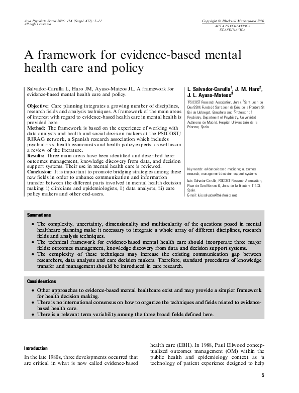 (PDF) A framework for evidence-based mental health care and policy
