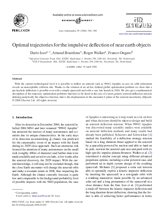 Pdf Optimal Trajectories For The Impulsive Deflection Of Near Earth Objects Franco Ongaro