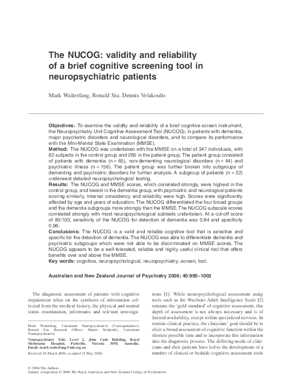 (PDF) The NUCOG: validity and reliability of a brief cognitive ...