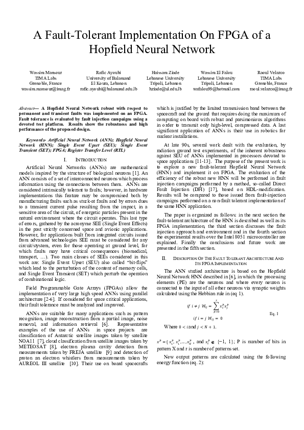 (PDF) A Fault-Tolerant Implementation On FPGA of a Hopfield Neural Network
