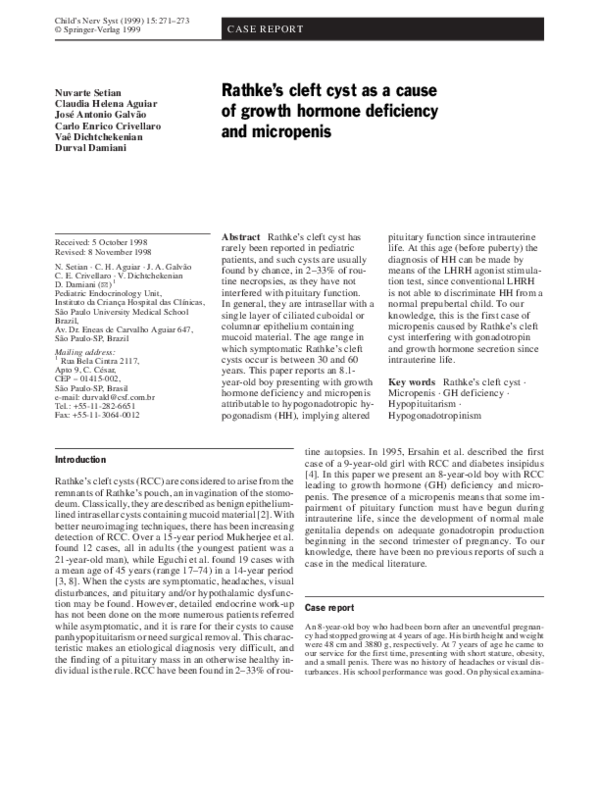 (PDF) Rathke's cleft cyst as a cause of growth hormone deficiency and micropenis