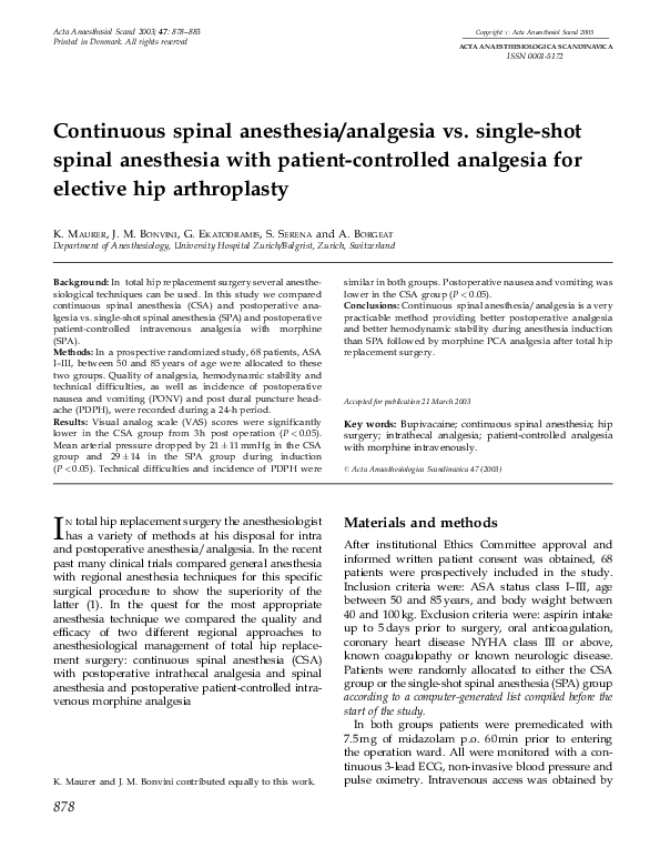 (PDF) Continuous spinal anesthesia/analgesia vs. single-shot spinal ...