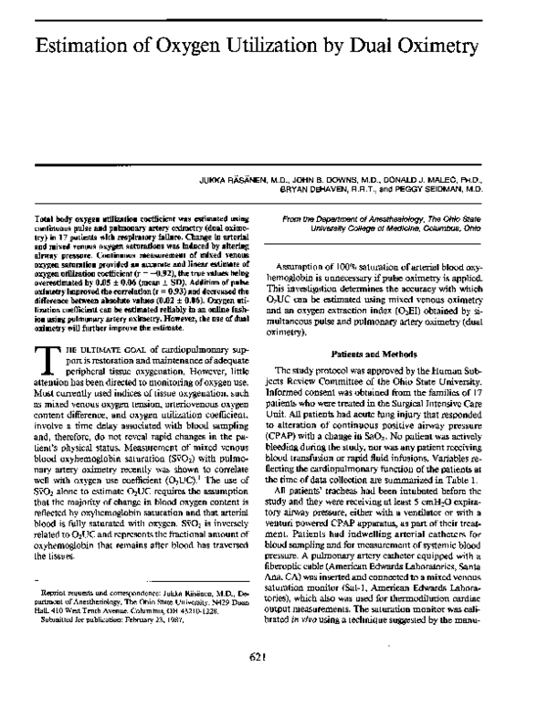 (PDF) Estimation of Oxygen Utilization by Dual Oximetry