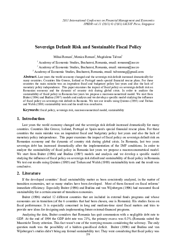 (PDF) Sovereign Default Risk and Sustainable Fiscal Policy