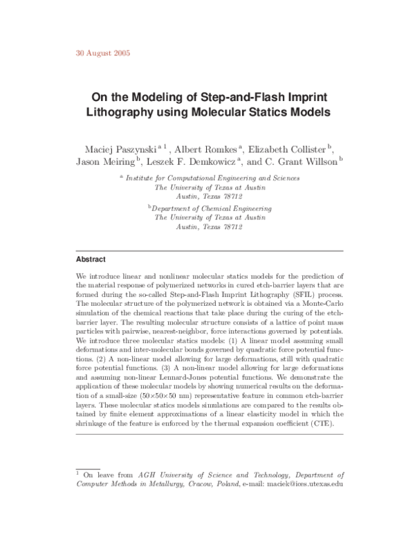 (PDF) On the modeling of Step-and-Flash Imprint Lithography using molecular statics models