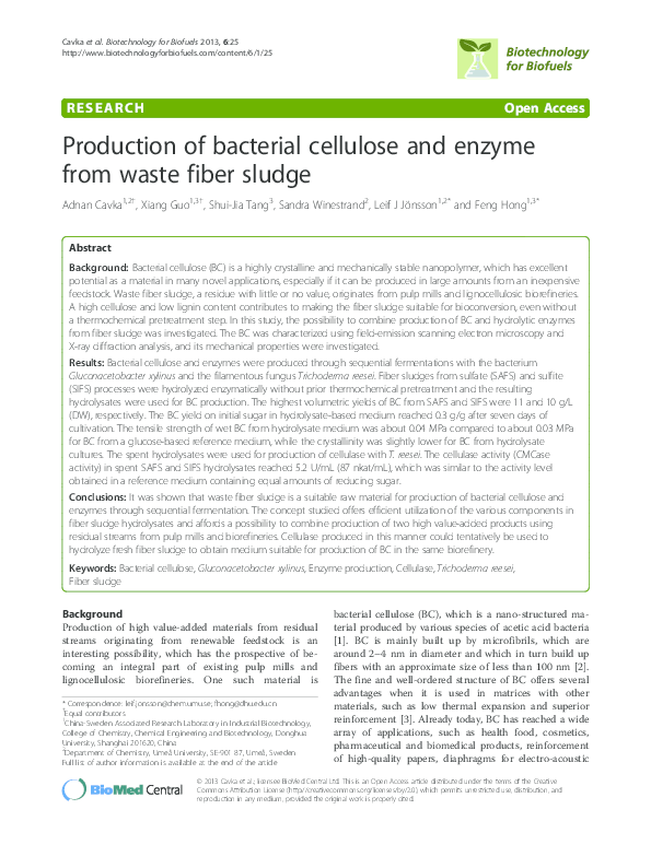 (PDF) Production of bacterial cellulose and enzyme from waste fiber sludge