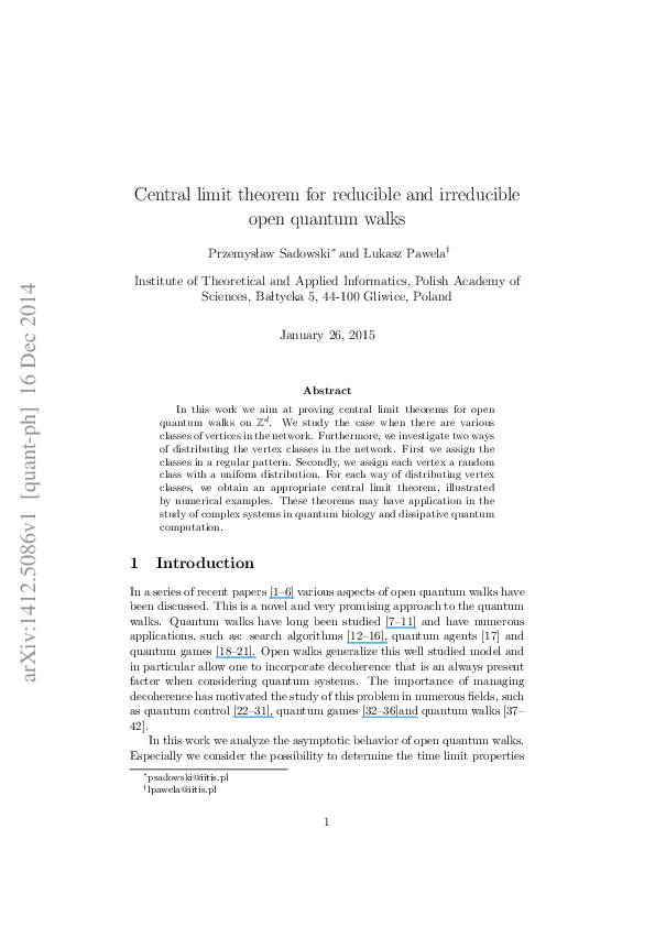 (PDF) Central limit theorem for reducible and irreducible open quantum walks
