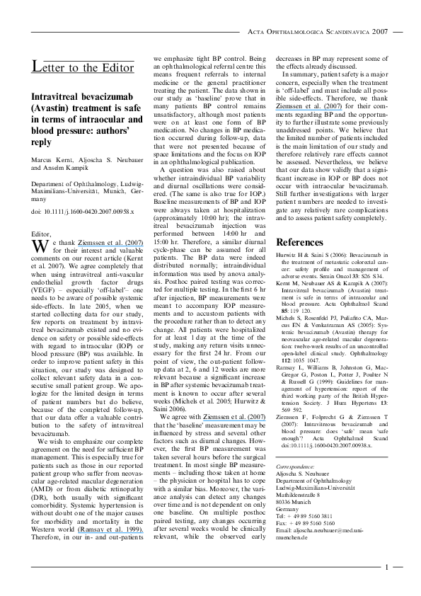 (PDF) Intravitreal bevacizumab (Avastin) treatment is safe in terms of ...