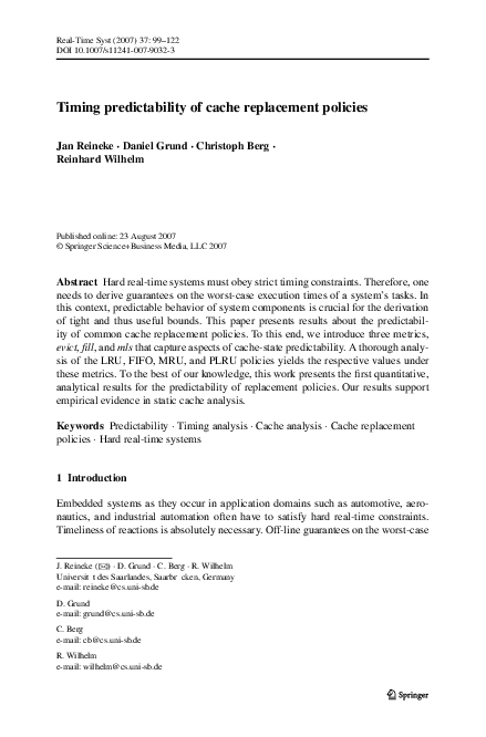 (PDF) Timing predictability of cache replacement policies