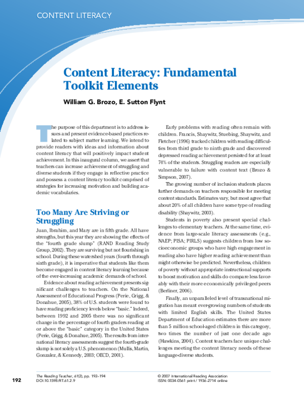 (PDF) Content Literacy: Fundamental Toolkit Elements