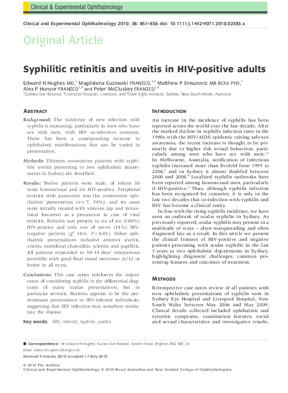 (PDF) Syphilitic retinitis and uveitis in HIV‐positive adults