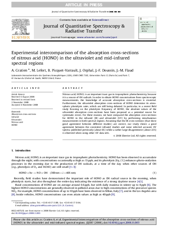 (PDF) Experimental intercomparison of the absorption cross-sections of nitrous acid (HONO) in ...