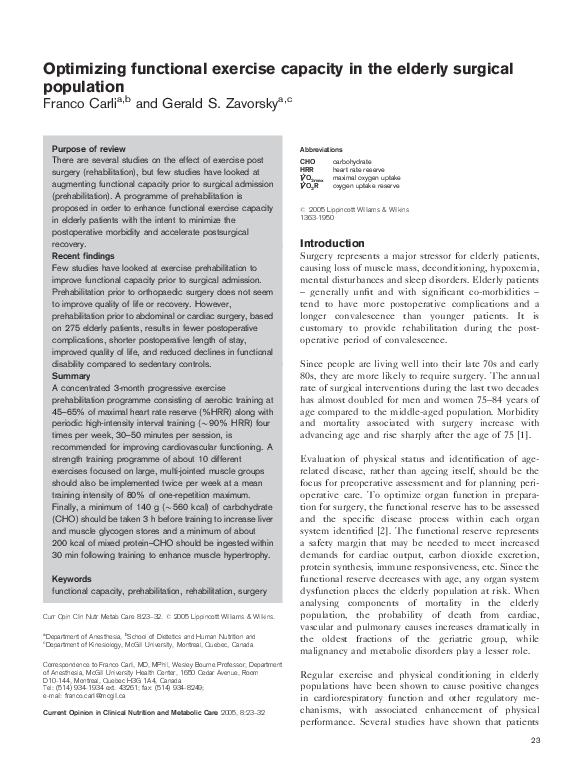 (PDF) Optimizing functional exercise capacity in the elderly surgical ...