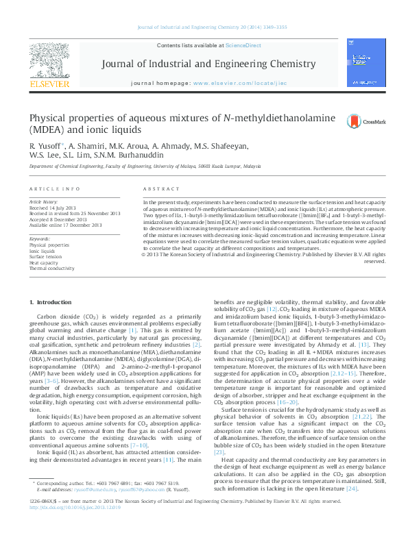 (PDF) Physical properties of aqueous mixtures of N-methyldiethanolamine (MDEA) and ionic liquids